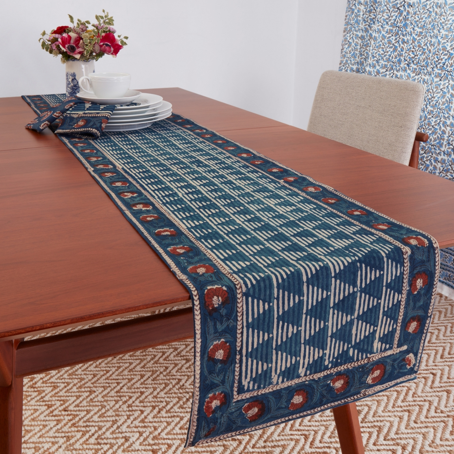 Indigo Table Runner: Triangle Pattern Blockprint, Red Border