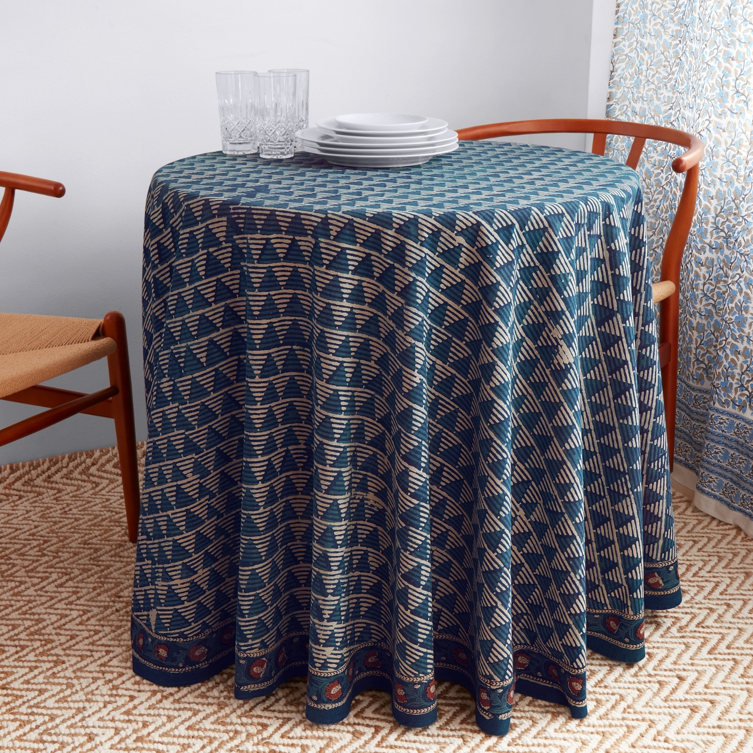 Indigo Round Tablecloth: Triangle Pattern Blockprint, Red Border