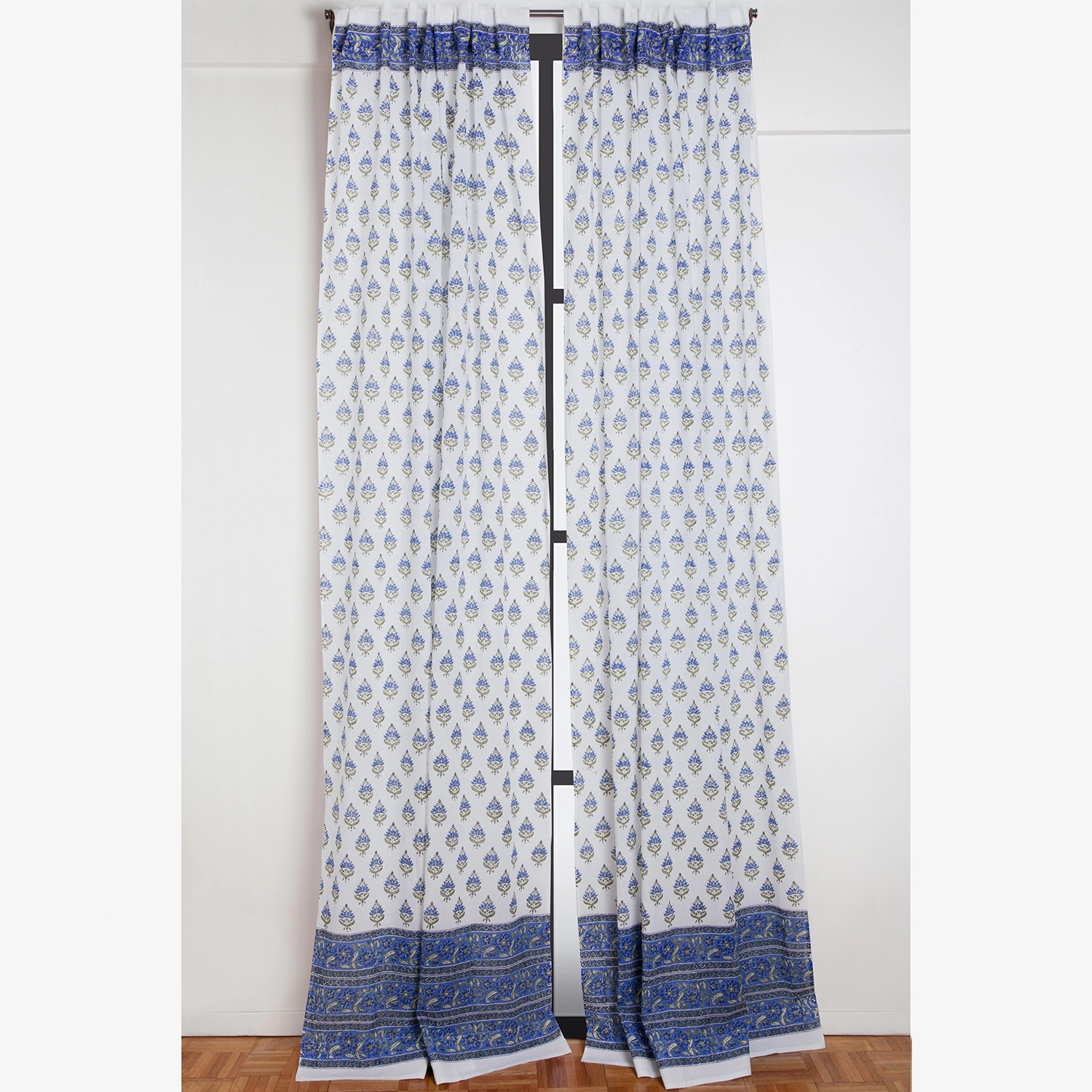 Blue & While Floral Cotton Curtain: Block Printed Blossom Design