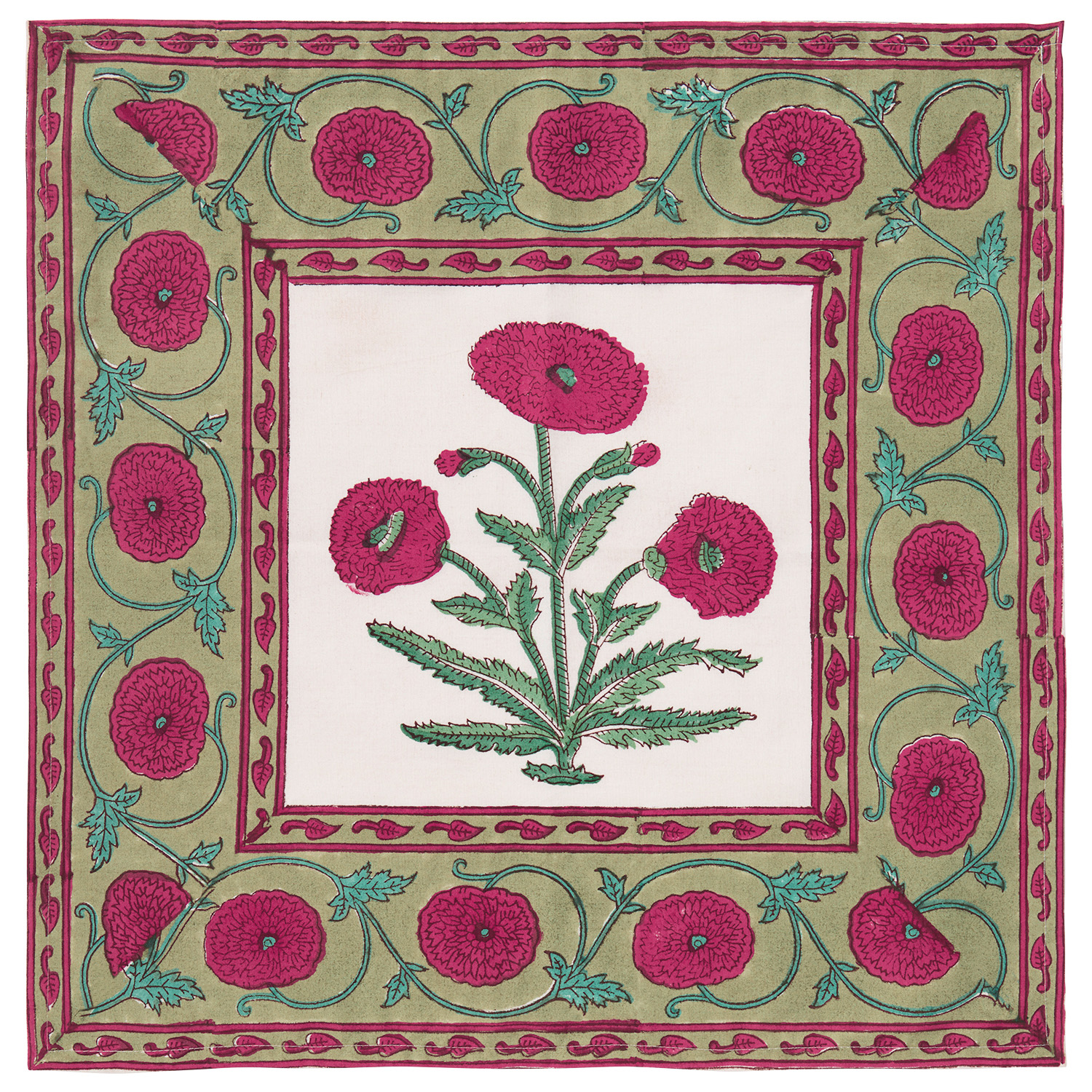 Magenta Poppy Cloth Napkin Set (2): Indian Floral Block Print