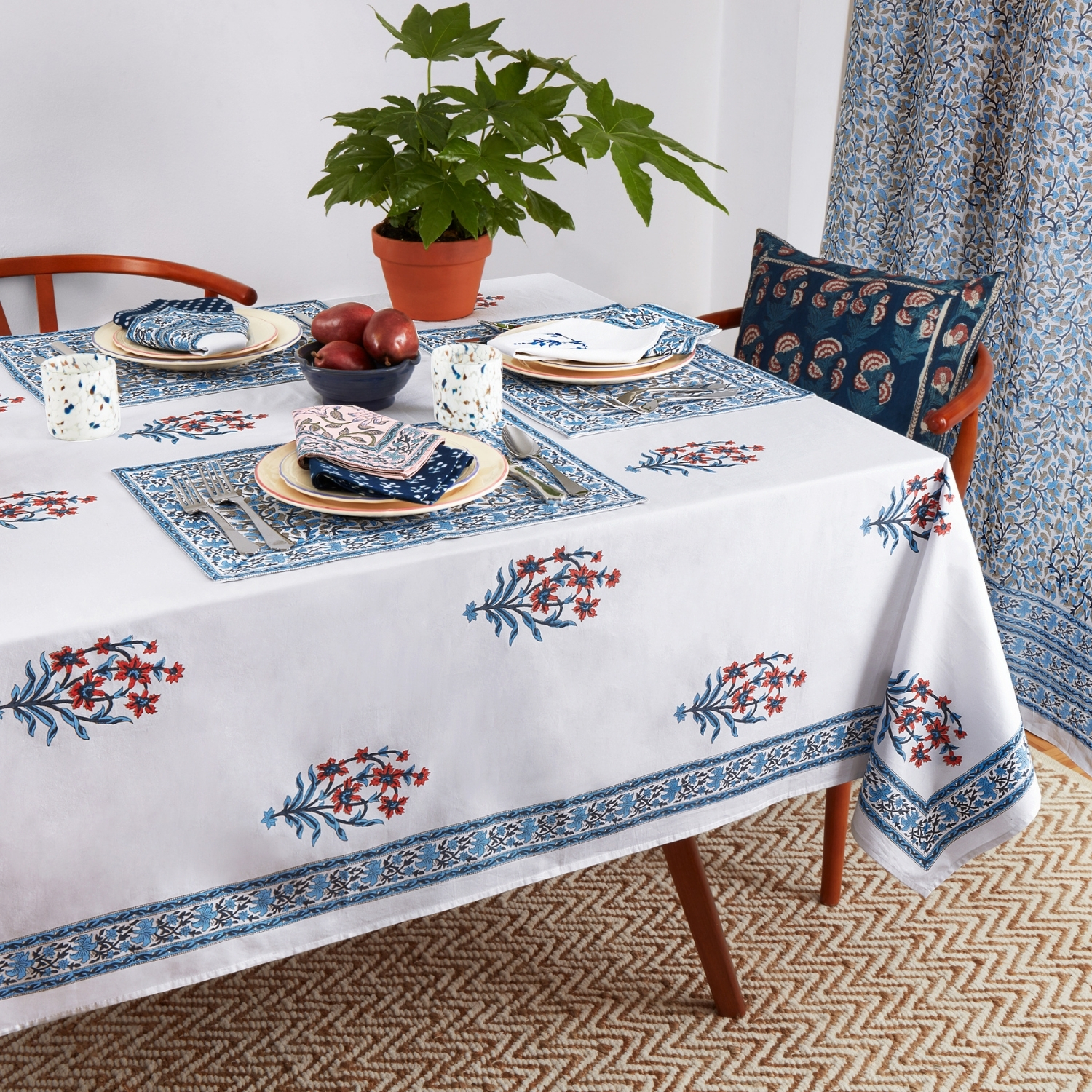 Blue-Orange Floral Block Print Tablecloth: Narcissus Nargis Design