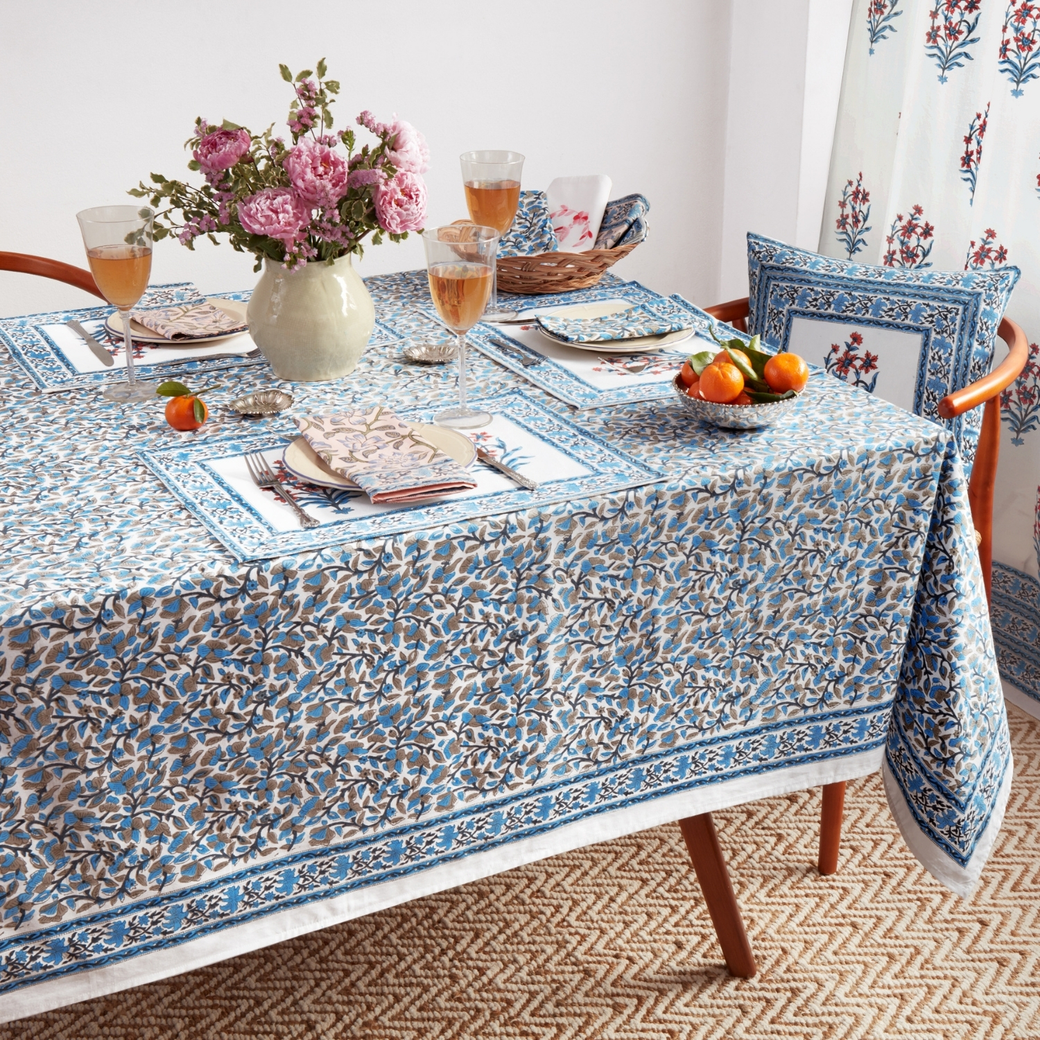 Blue and Gray Tablecloth: Anna Floral Block Print