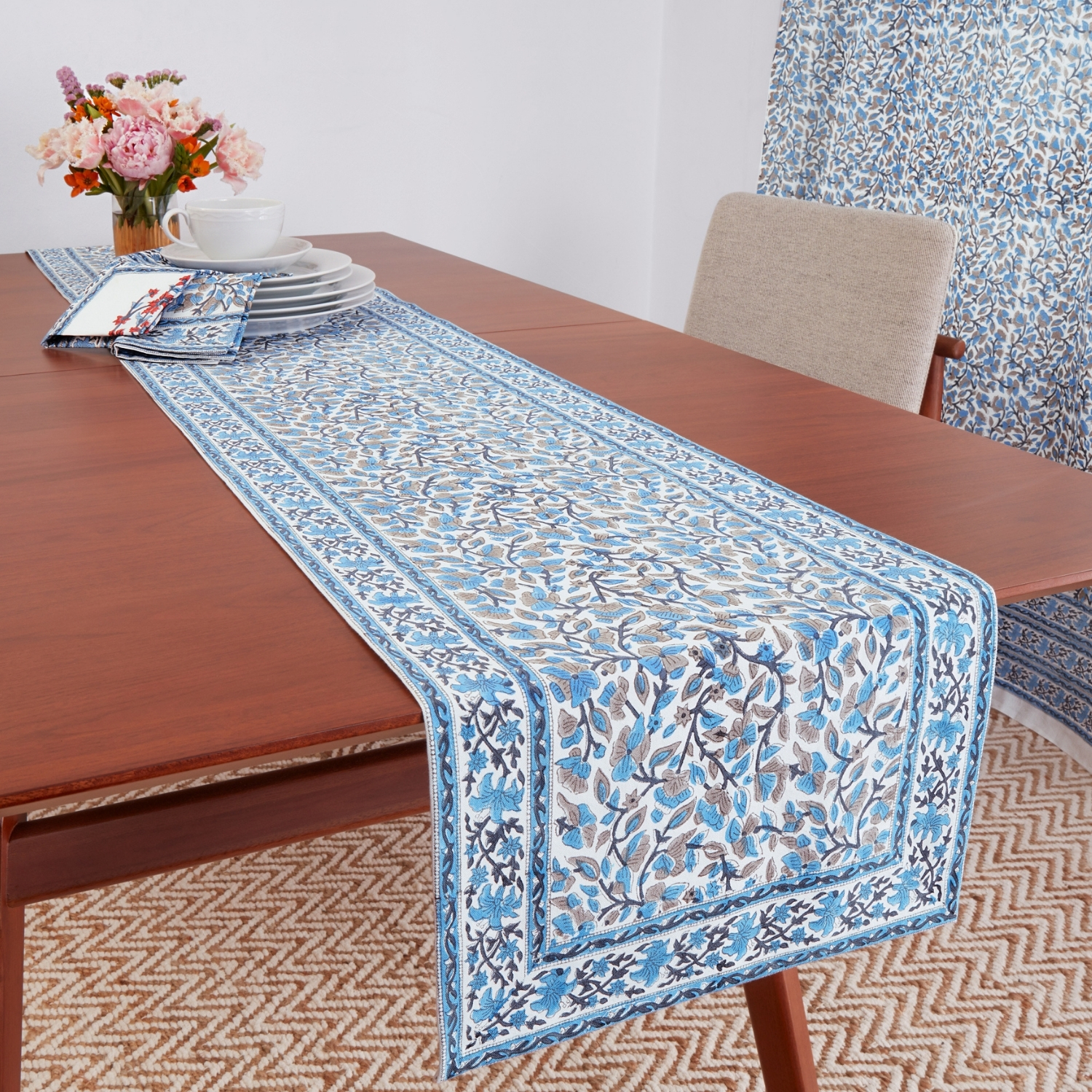 Blue and Gray Table Runner: Anna Floral Block Print