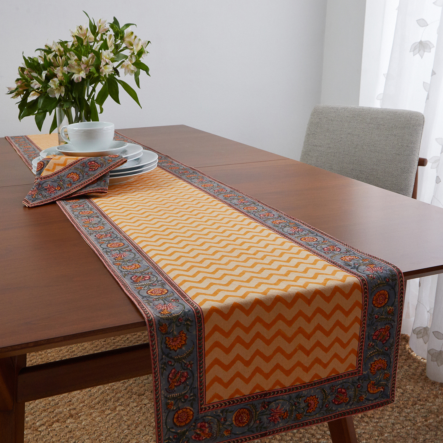 Mustard Yellow Table Runner - Chevron Block Print