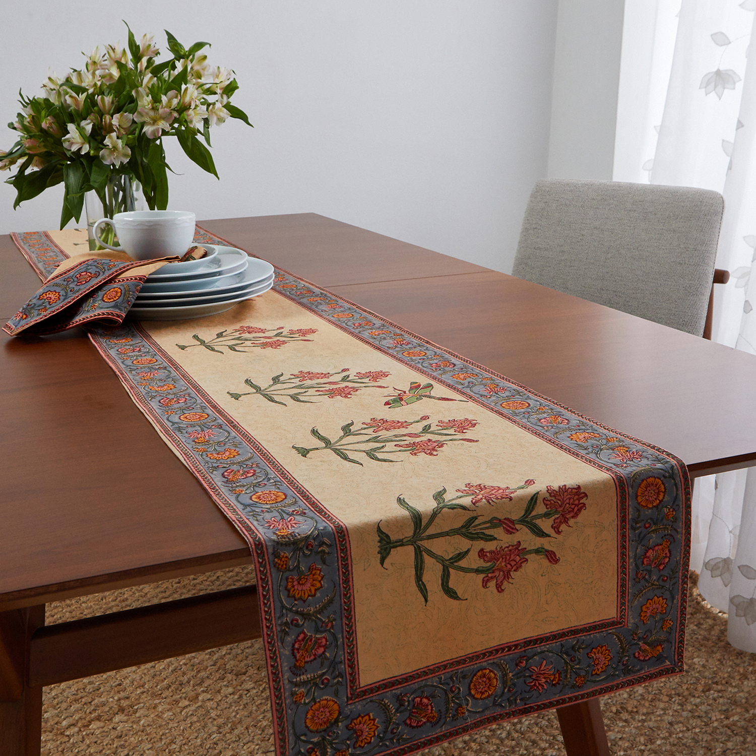 Mustard Yellow Table Runner - Dragonfly, Floral Block Print