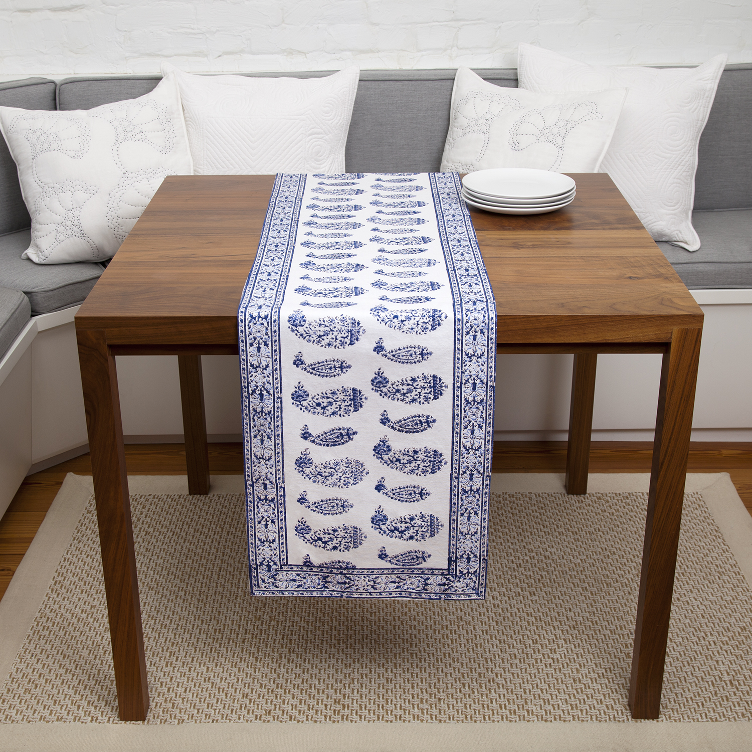 Blue-White Canvas Table Runner: Malabar Multi-Paisley Blockprint