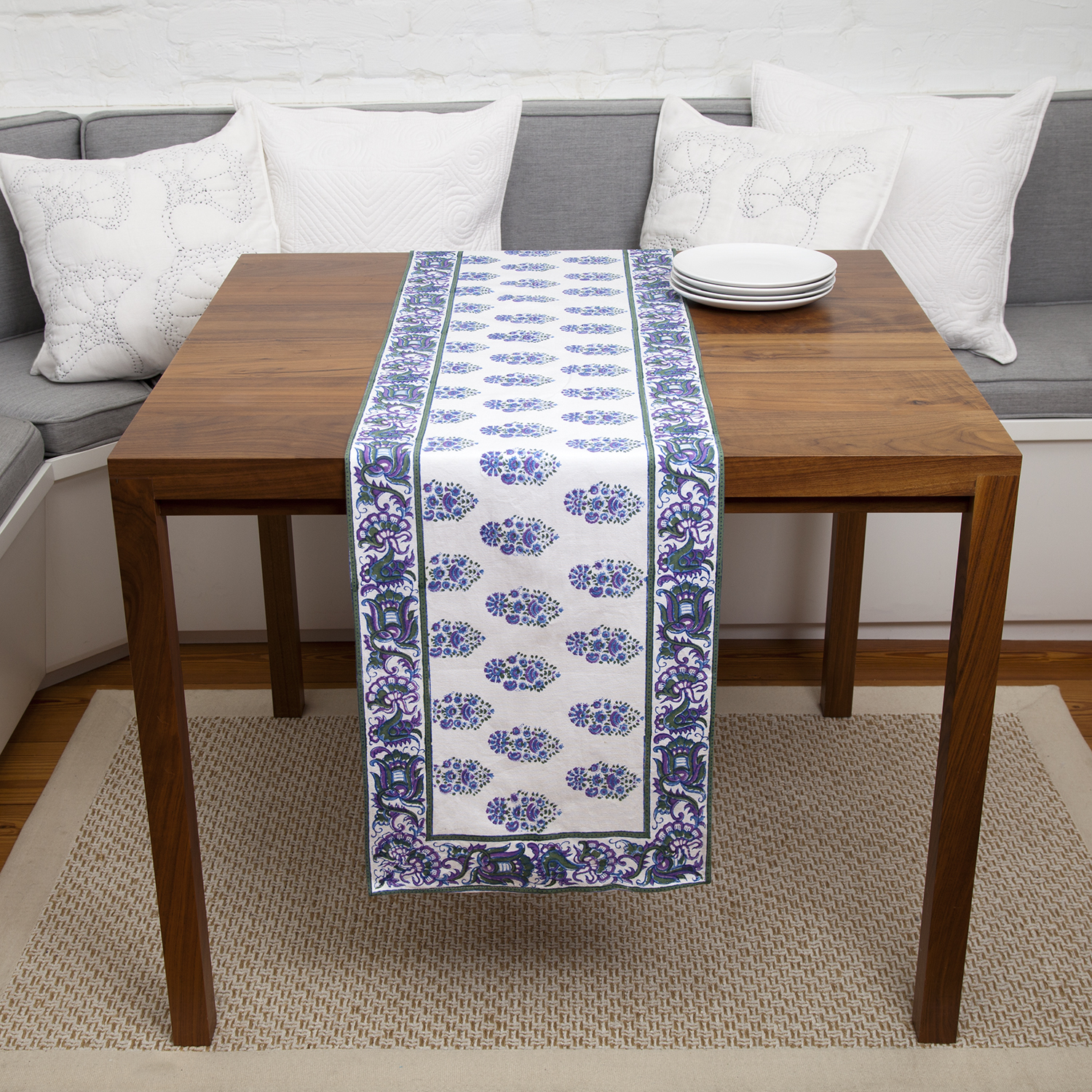 Lavender & Blue Floral Table Runner: Indian Block Print Riya Motif