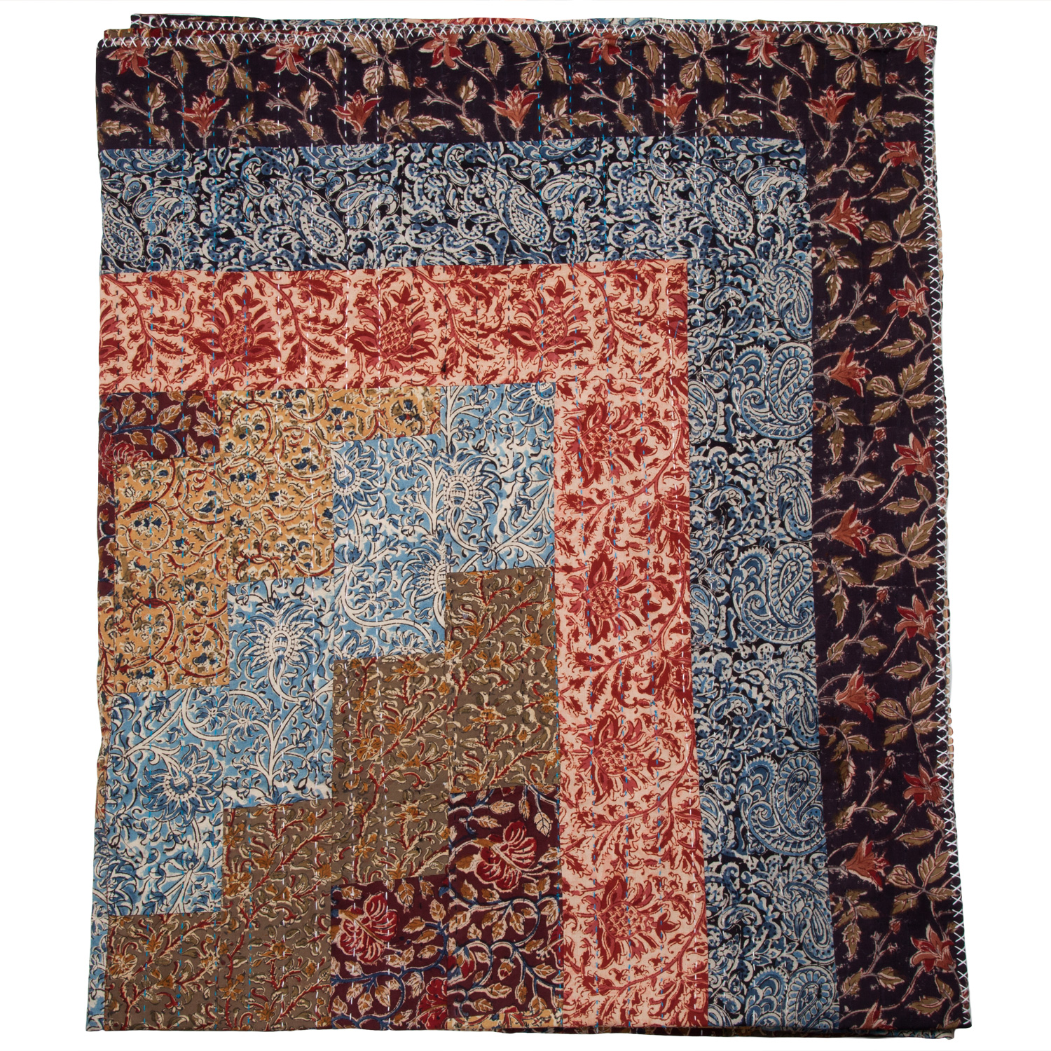 Earth Tone Patchwork Cotton Kantha Quilt: Zoya Kalamkari Prints