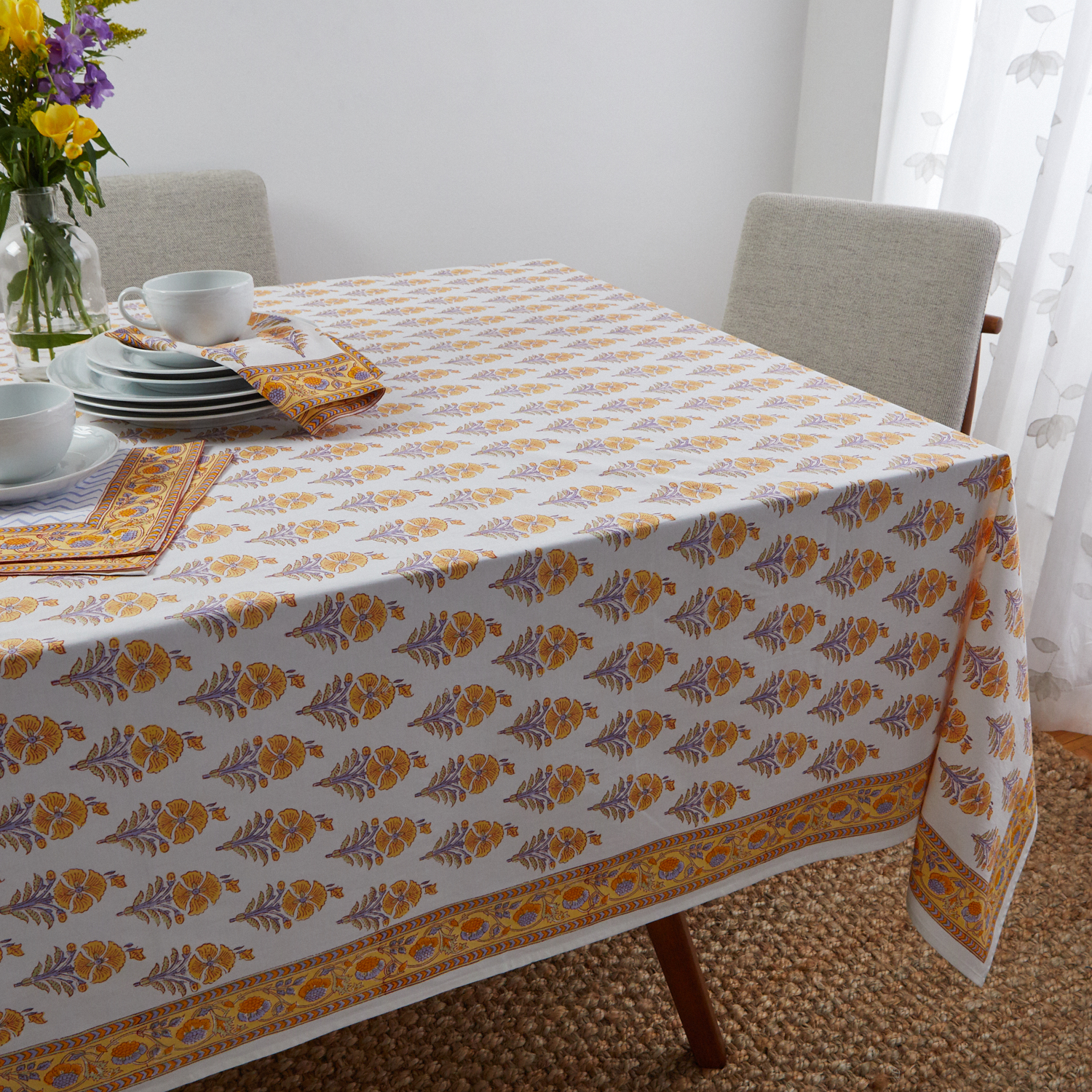 Yellow & White Floral Cotton Tablecloth: Juhi Indian Block Print