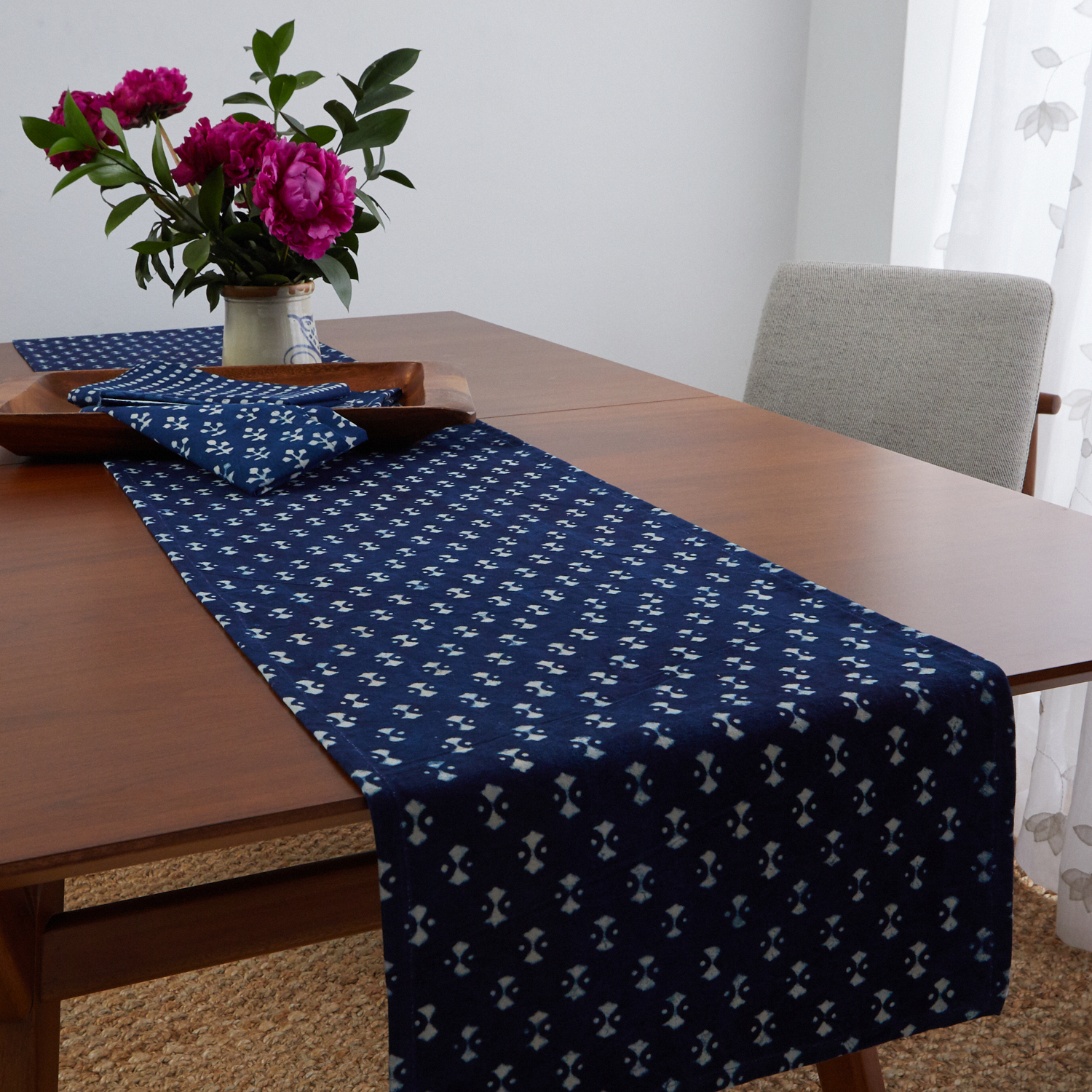 Indigo Table Runner: Block Printed Nagina Pattern on Dyed Cotton